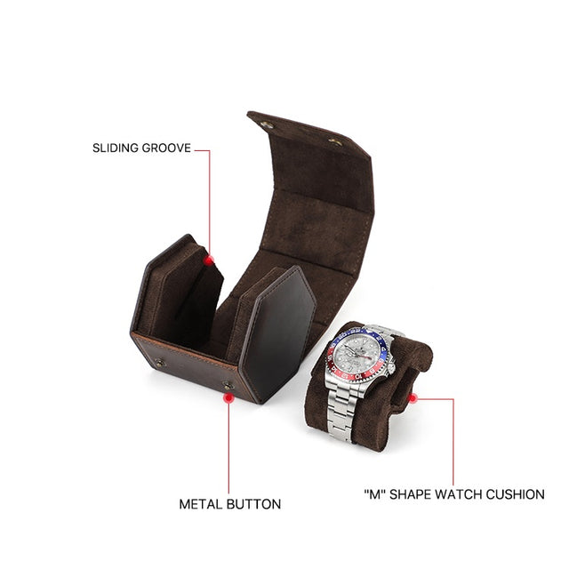 Unisex Brown Hexagonal Leather Watch Roll Case | Single Watch Holder ...