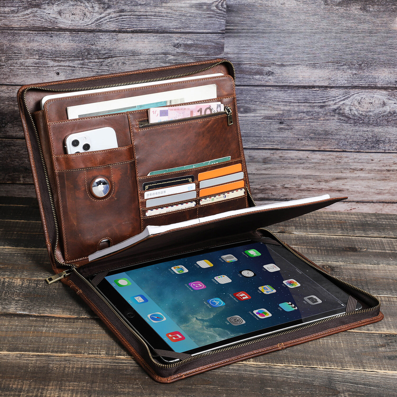 Women's Coffee Leather Zipper Tablet Briefcase | Business Leather ...