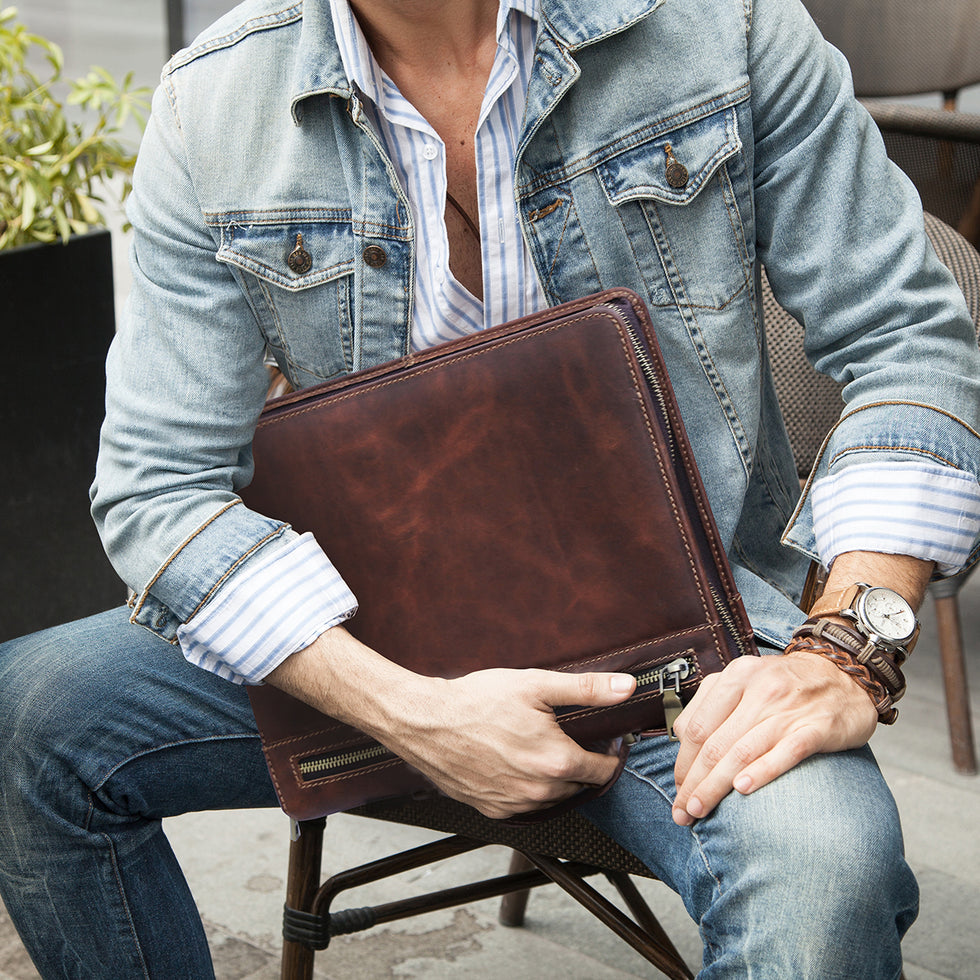 Women's Coffee Leather Zipper Tablet Briefcase | Business Leather ...