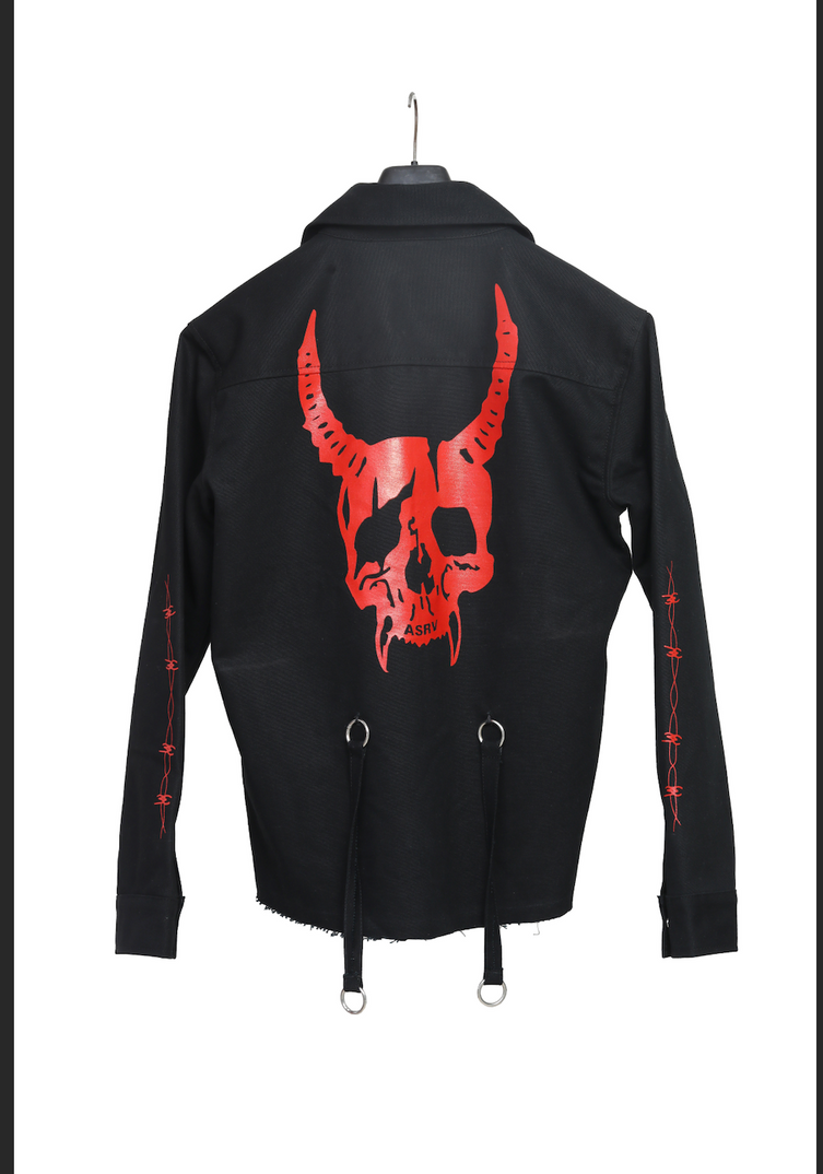 Hand sewn men denim devil jacket, Satan skull printed denim jean jacke ...