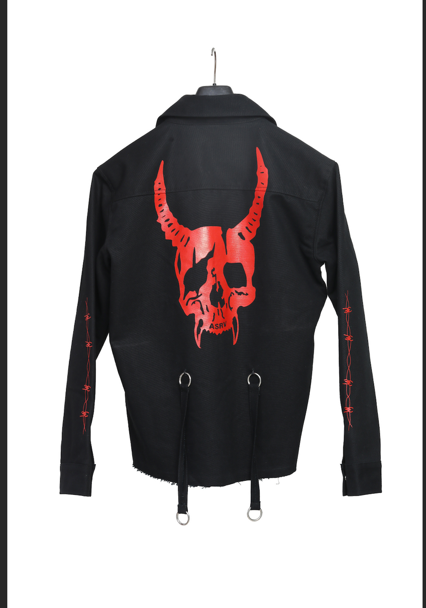 Hand sewn men denim devil jacket, Satan skull printed denim jean jacke ...