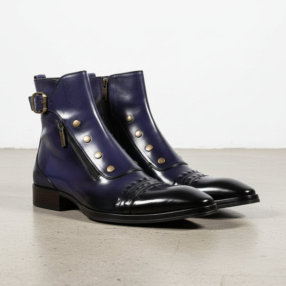 Handmade Men's Blue Leather High Ankle Boots with Side Zipper – Rebels ...