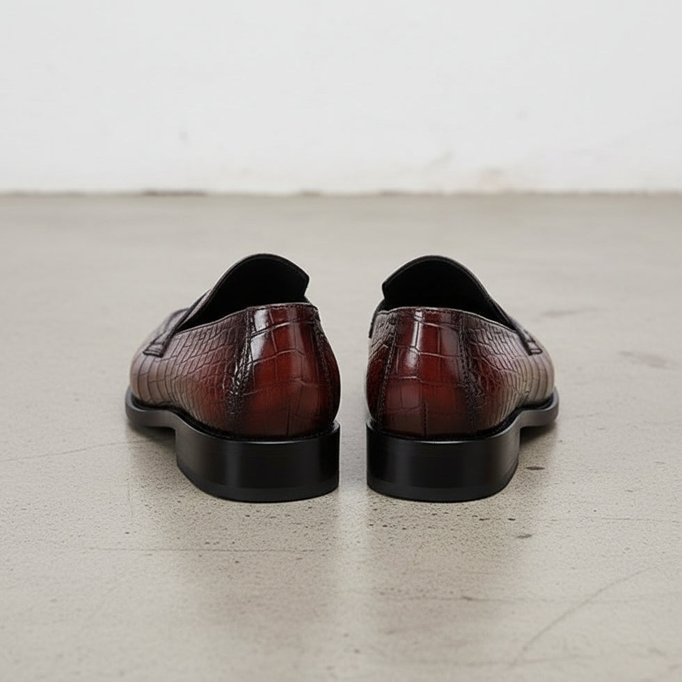 Men's Brown Reddish-Brown Alligator-Embossed Leather Apron-Toe Penny ...