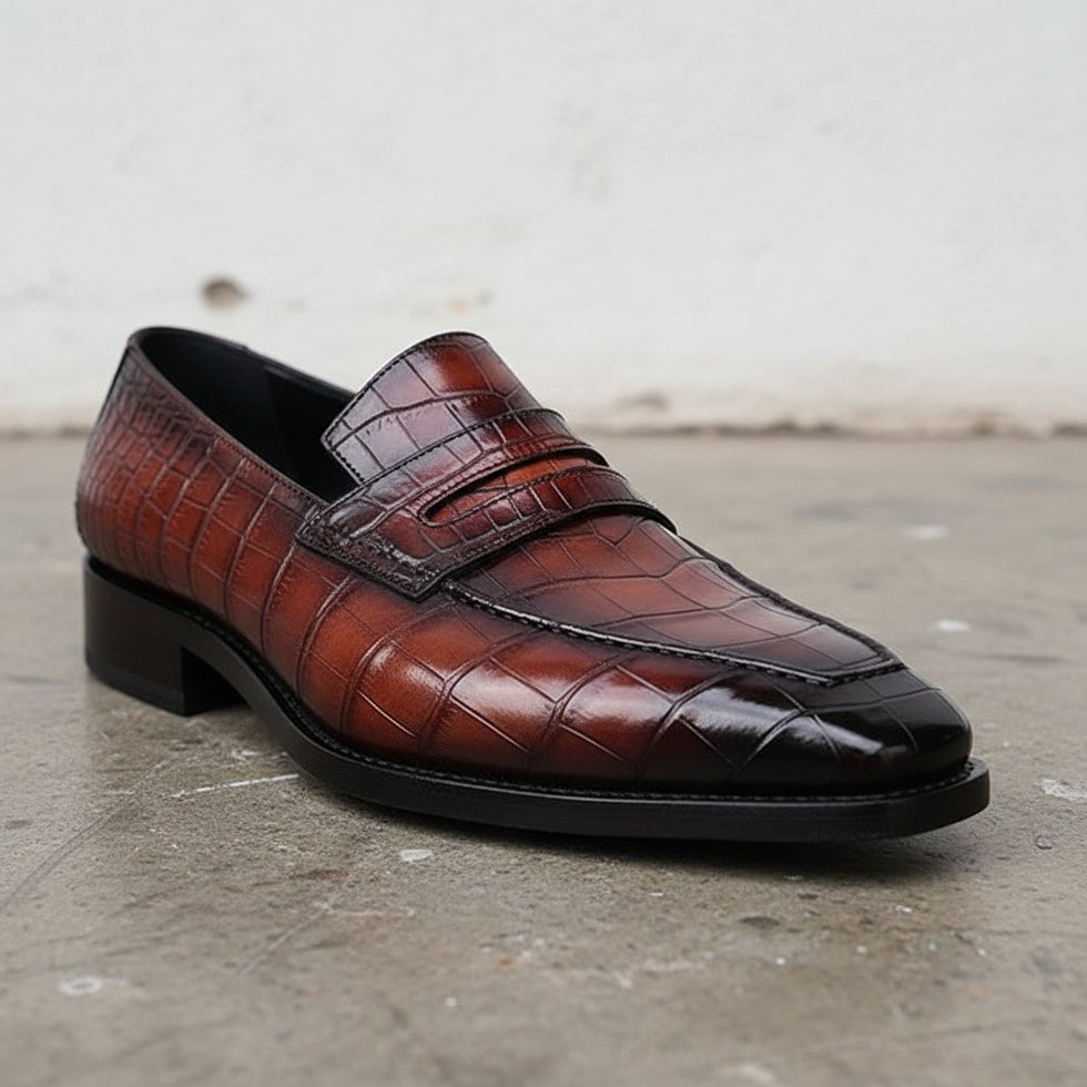 Men's Brown Reddish-Brown Alligator-Embossed Leather Apron-Toe Penny ...