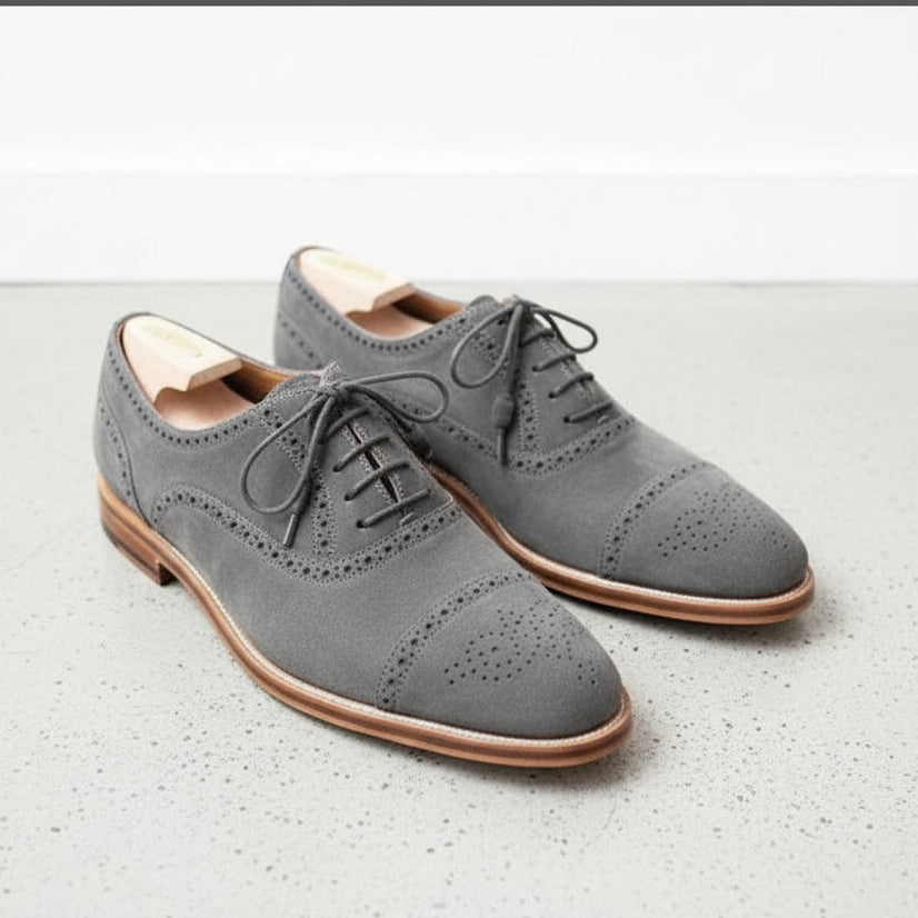 Handmade Mens Light Gray Suede Brogue Shoes, Men Gray Dress Shoes ...