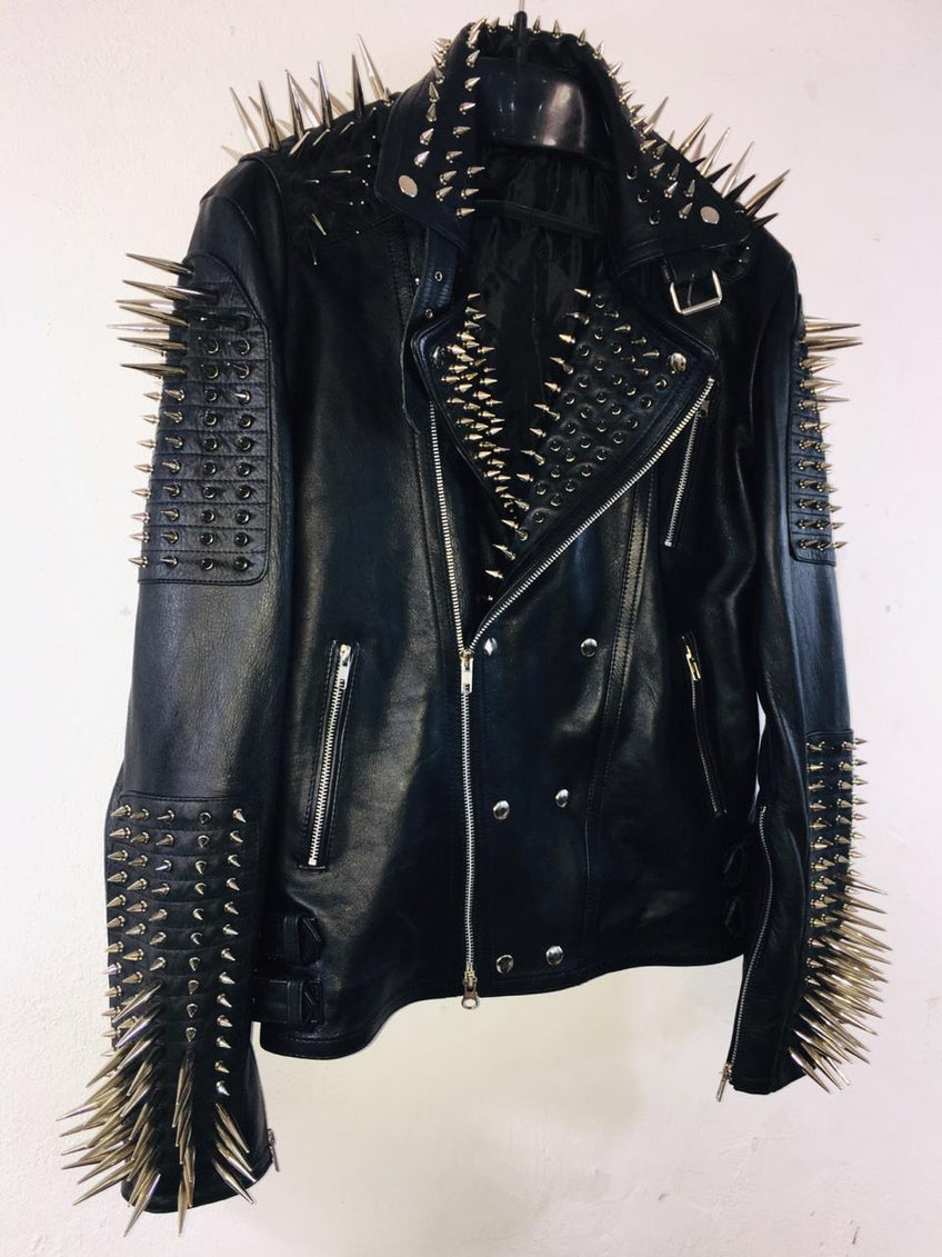 Men's Long Spiked Black Leather Biker Jacket – Rebels Market