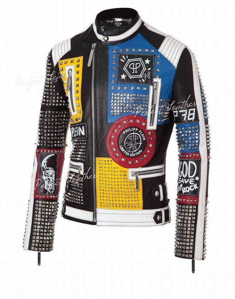 Men's Handmade Retro Diamond Studded Leather Motorcycle Jacket – Rebels ...