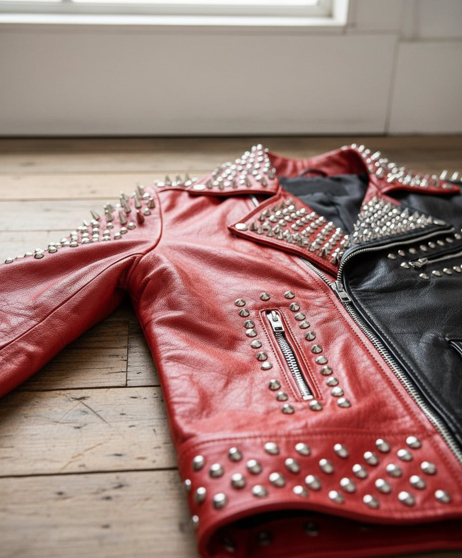 Mens Two tone Brando Studded Punk Rock Spikes Motorcycle Biker jacket ...