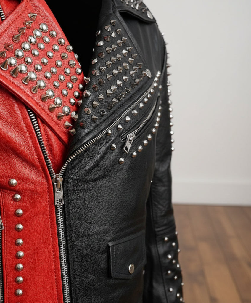 Handmade Mens Two Tone Brando Studded Punk Rock Spikes Motorcycle Biker ...