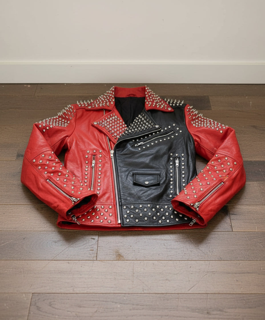 Mens Two tone Brando Studded Punk Rock Spikes Motorcycle Biker jacket ...