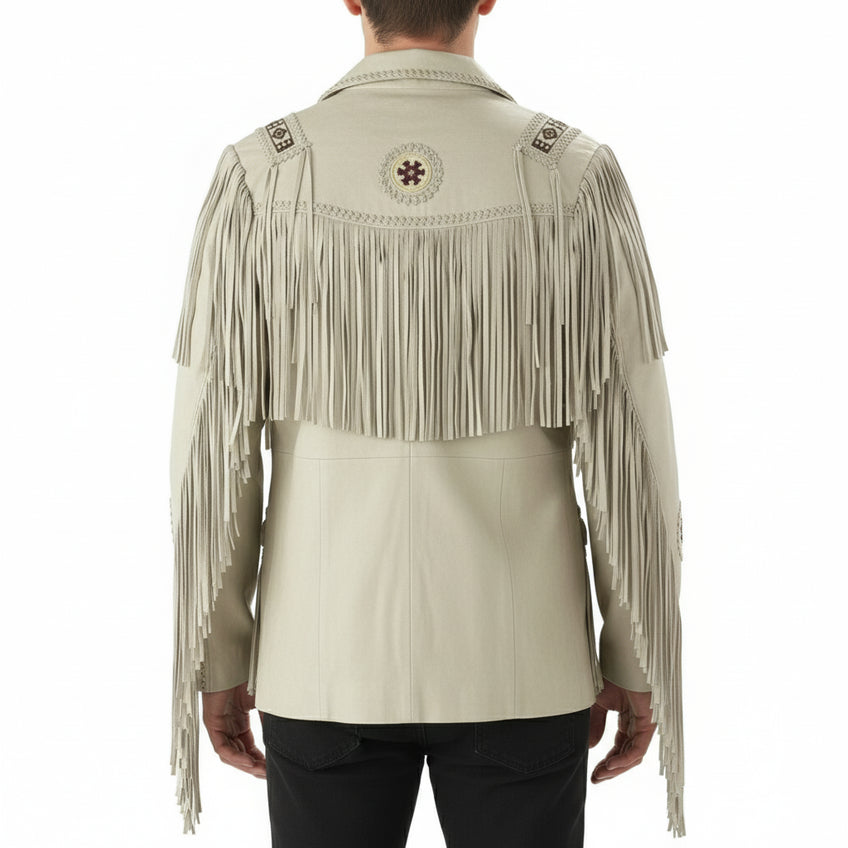 Men's White Beaded Fringe Suede Leather Cowboy Jacket | Western Fringe ...
