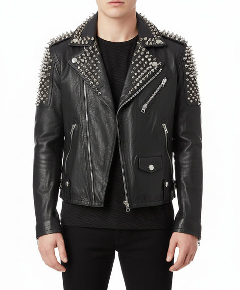Men's Black Silver Studded Rocker Punk Biker Leather Jacket | Casual ...