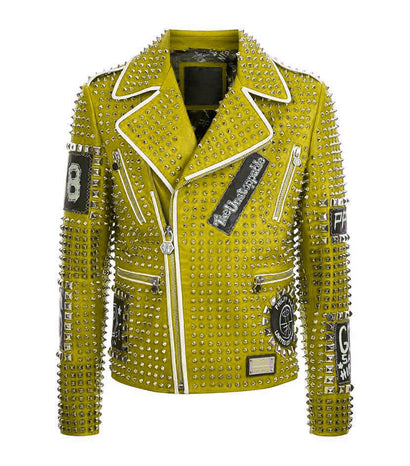 New Punk green Brando Studded Spikes Rock Moto biker Leather Jacket ...