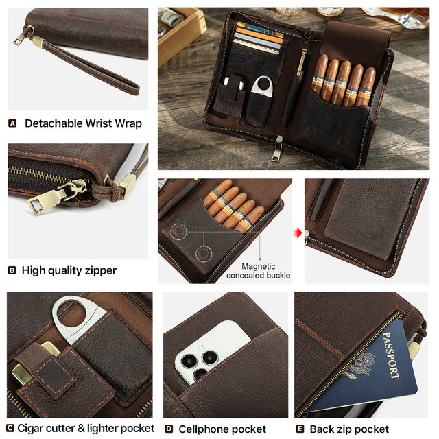 Vintage Leather Travel Cigar Case, Handmade 5-Slot Cigar Humidor ...